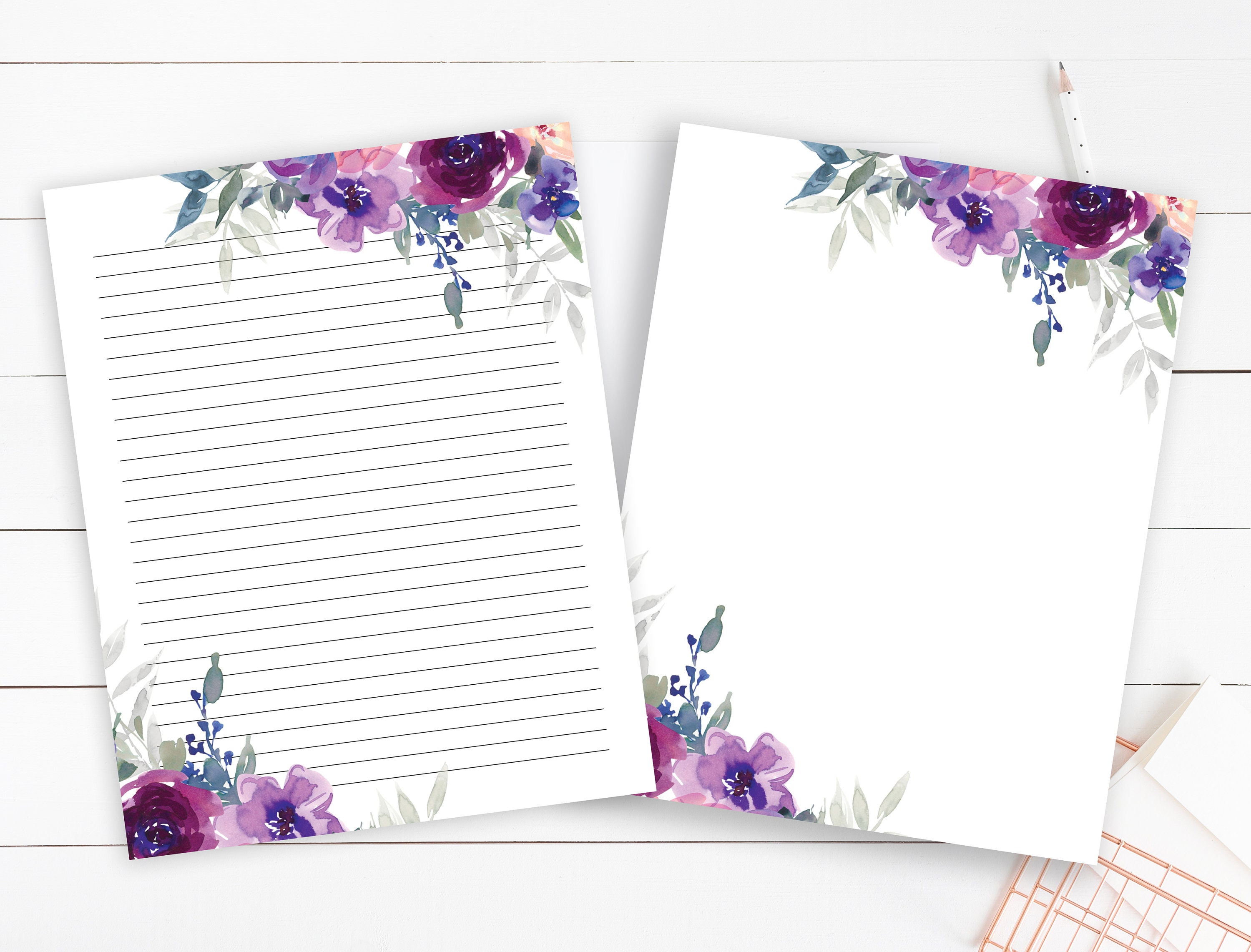 Purple Rose Floral Letter Writing Paper: Lined Stationery (digital ...