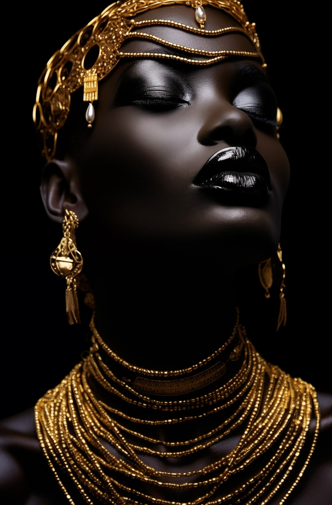 Beautiful Black Woman Portrait, Wearing Gold, Afro-centric, Black Art ...