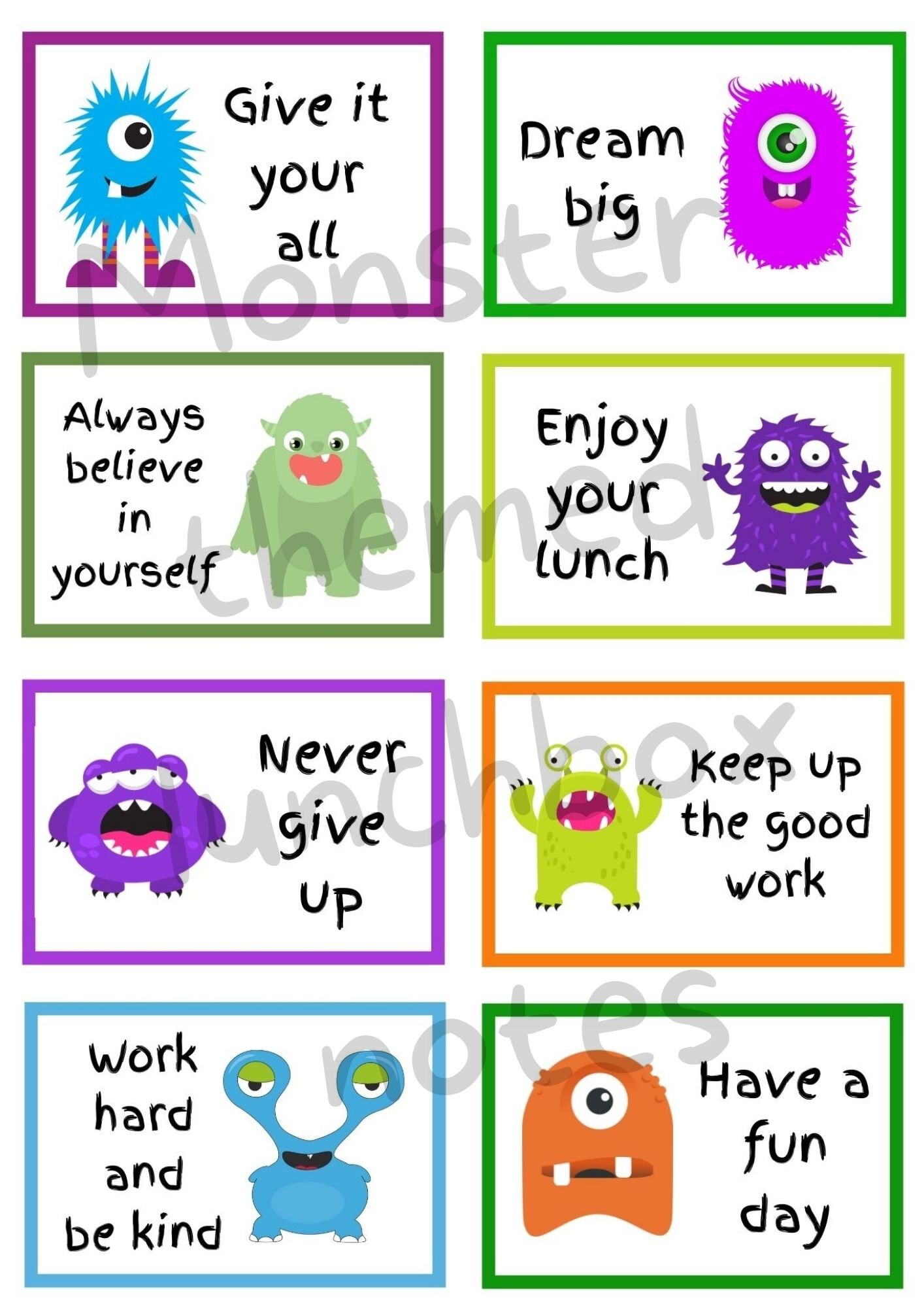 Cute, Colourful Fun Monster Lunchbox Notes *digital Product A4 (8.3x11 ...
