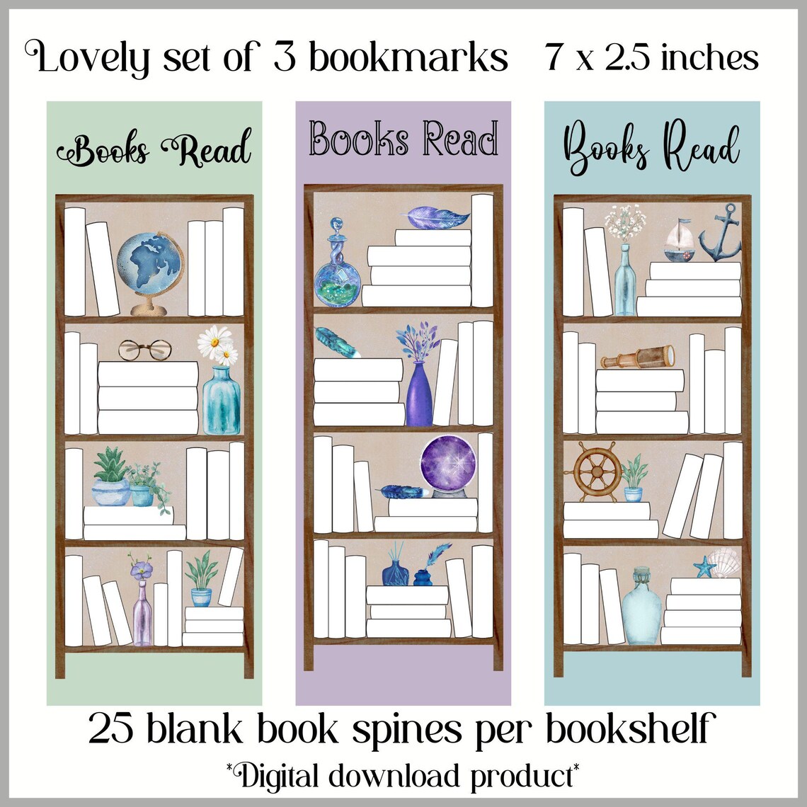 Lovely Reading Tracker Bookshelf Bookmark Set, 25 Blank Spines, 7x2.5 ...