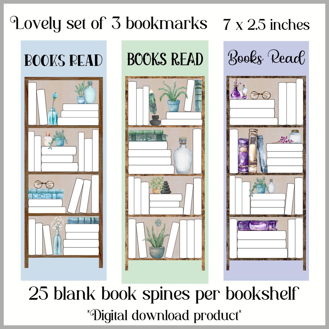 Reading Tracker Bookshelf Bookmark Set of 3, 25 Blank Spines, 7x2.5 ...