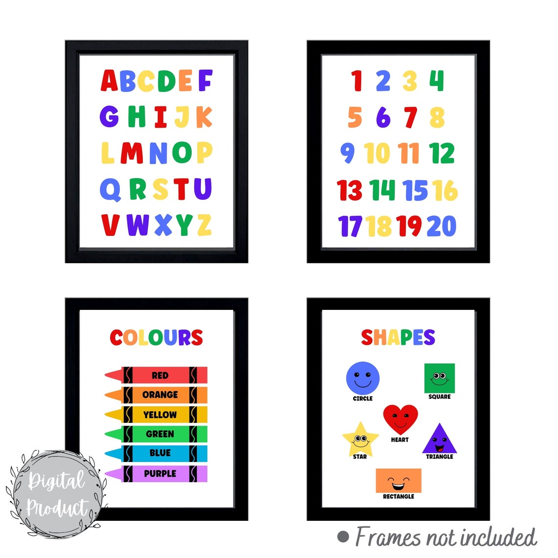 Colourful Printable Playroom Wall Art Alphabet Numbers Colours Shapes ...