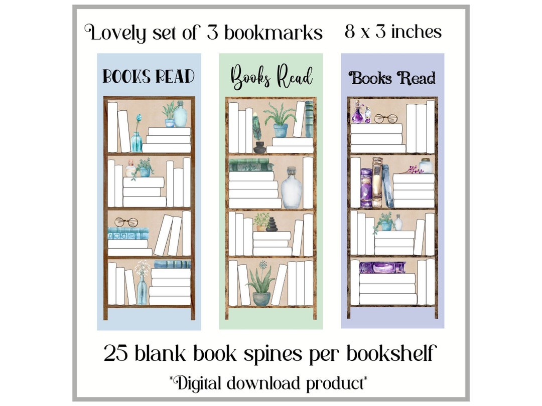 Reading Tracker Bookshelf Bookmark Set of 3, 25 Blank Spines, 8x3 ...