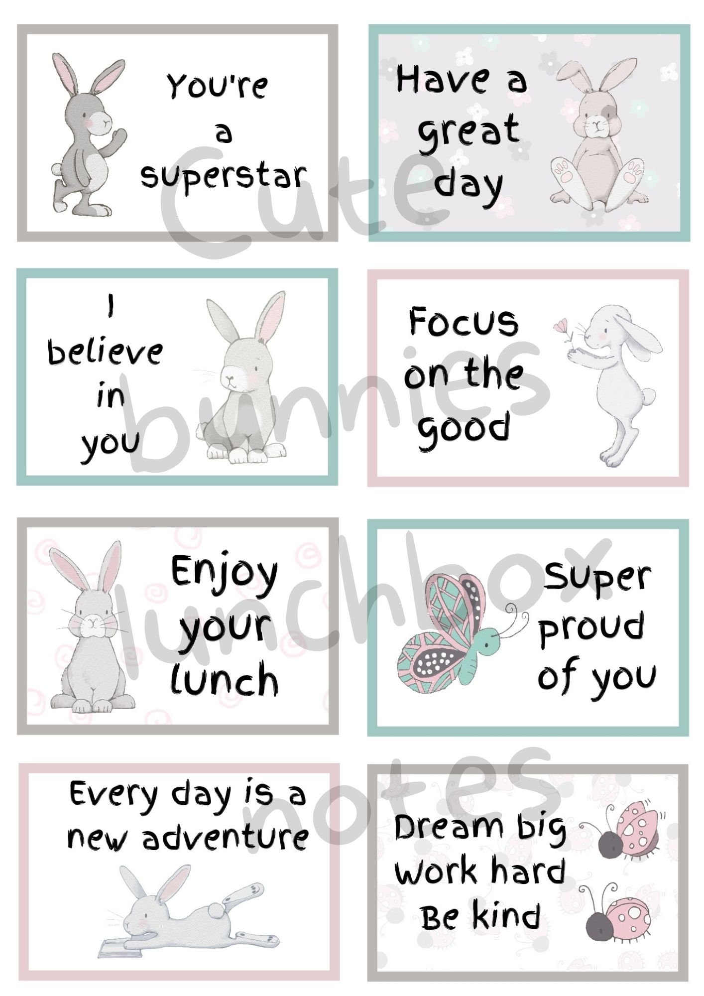 Set of 16 Cute Bunny Themed Lunchbox Notes *digital Product* A4 Size - Etsy