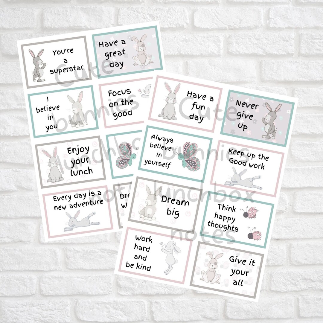 Set of 16 Cute Bunny Themed Lunchbox Notes *digital Product* A4 Size - Etsy