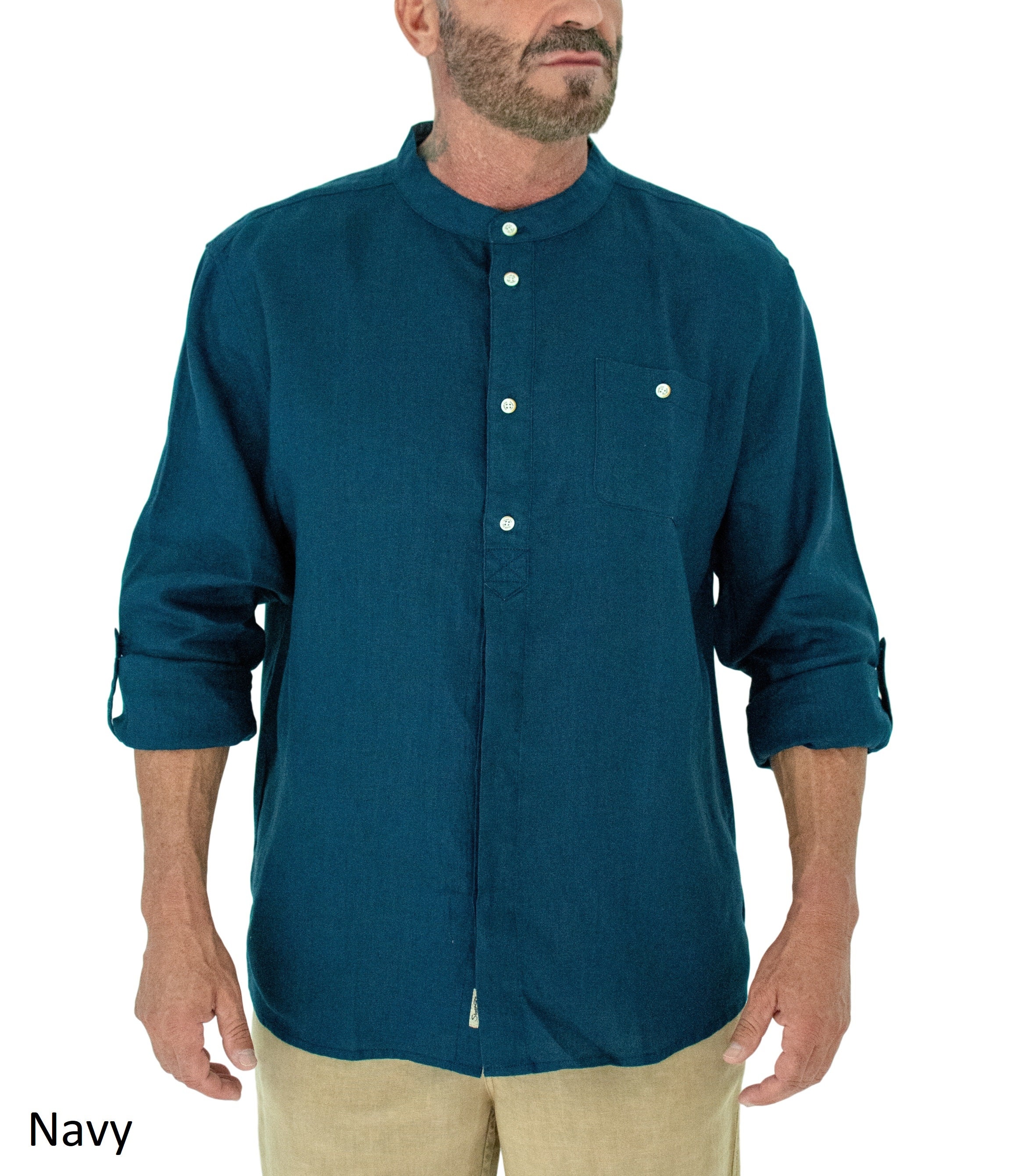 Short Fin Men's Long Sleeve Linen Shirt With Mandarin Style Round ...