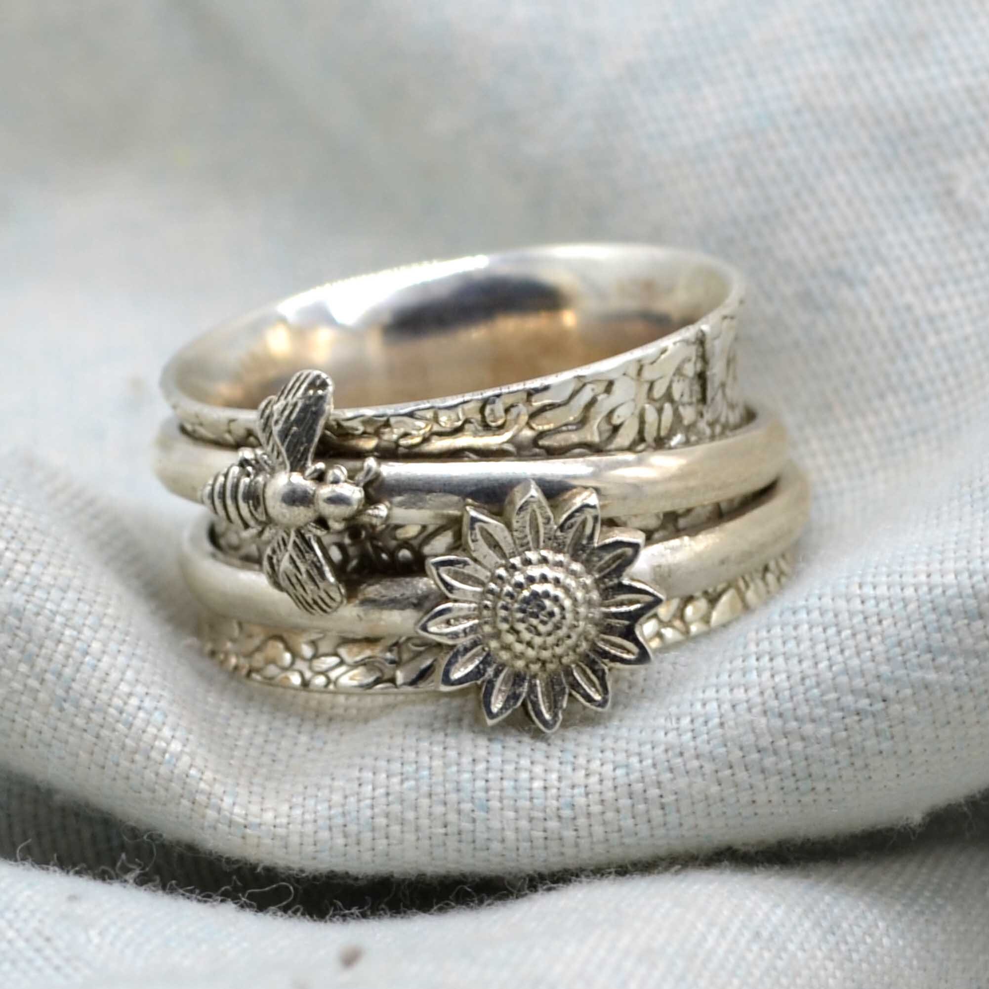 Sunflower Bee Meditation Spinner Ring, Anxiety Handmade Bee Spinner ...
