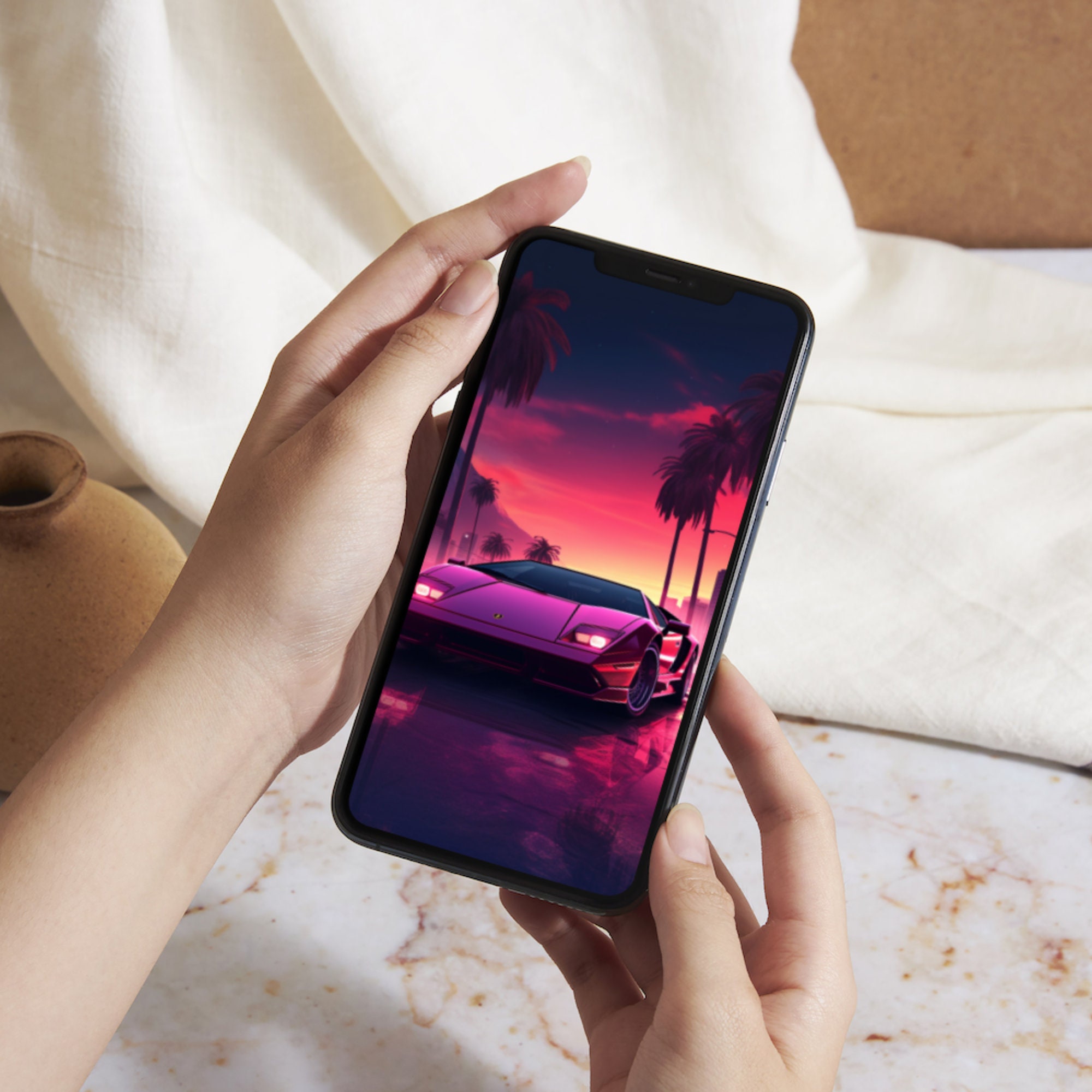 Synthwave iPhone Wallpaper Retro Backgrounds Lamborghini 1980s Sunset ...