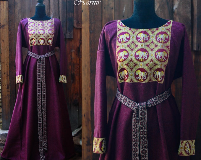 Purple Woolen Dress With Byzantine Lions Silk Brocade, Woolen Dress ...