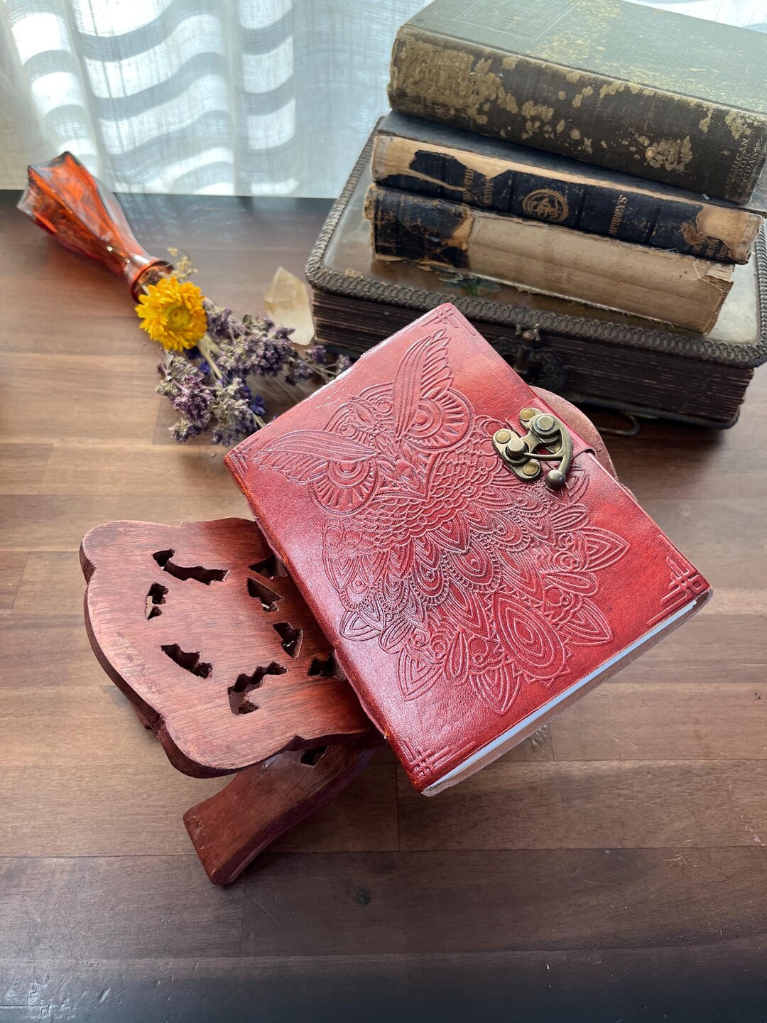 Journal Set | Owl Leather Blank Book Journal and Wooden Book Stand Set ...