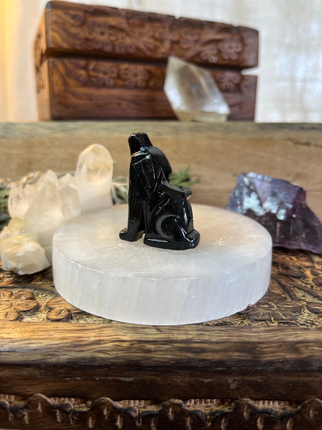 Black Onyx Howling Wolf Spirit Animal With Carved Crescent Moon - Etsy