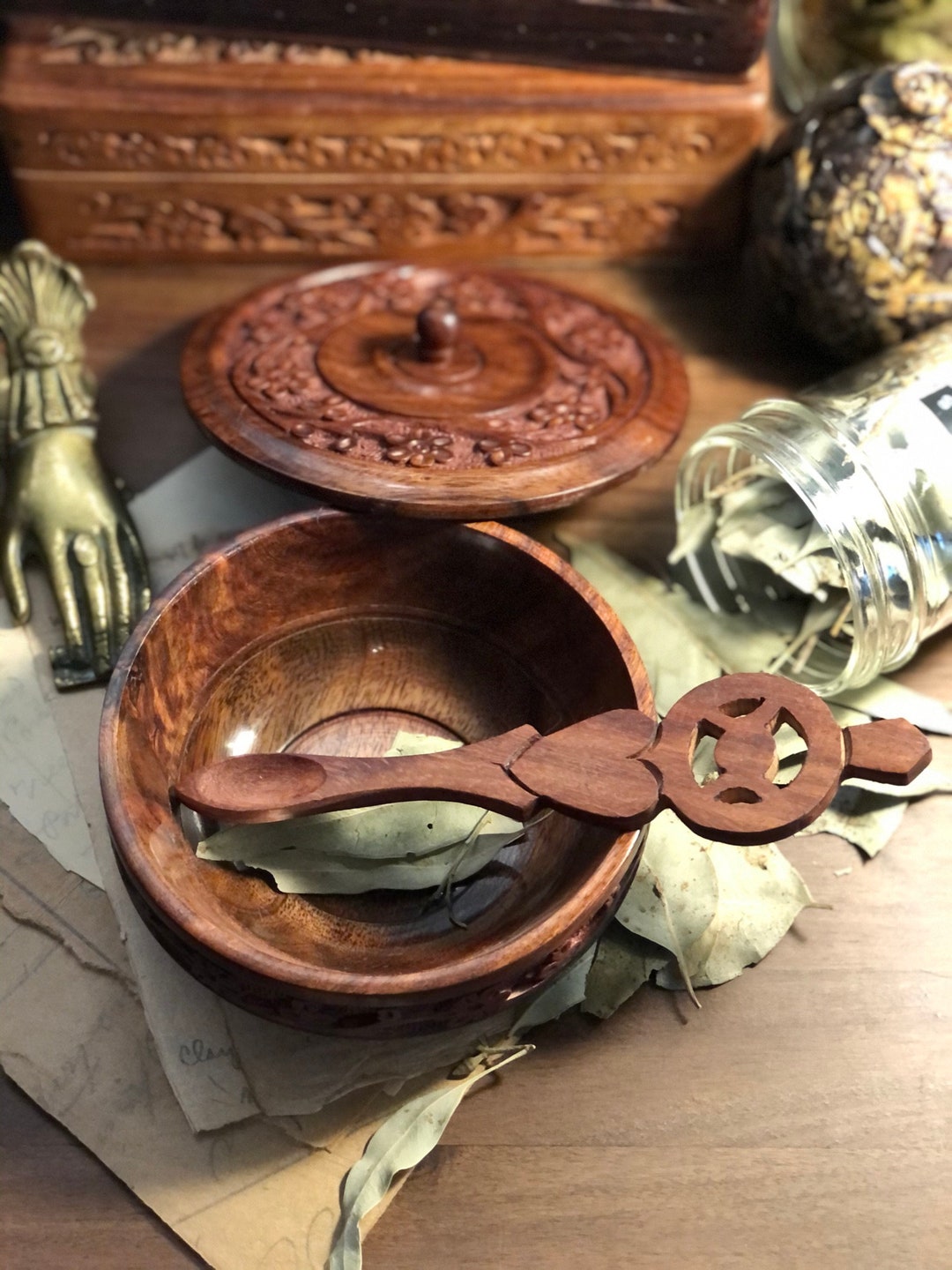Apothecary Herb Bowl Set | Wooden Ornate Floral Herb Bowl & Triple Moon ...