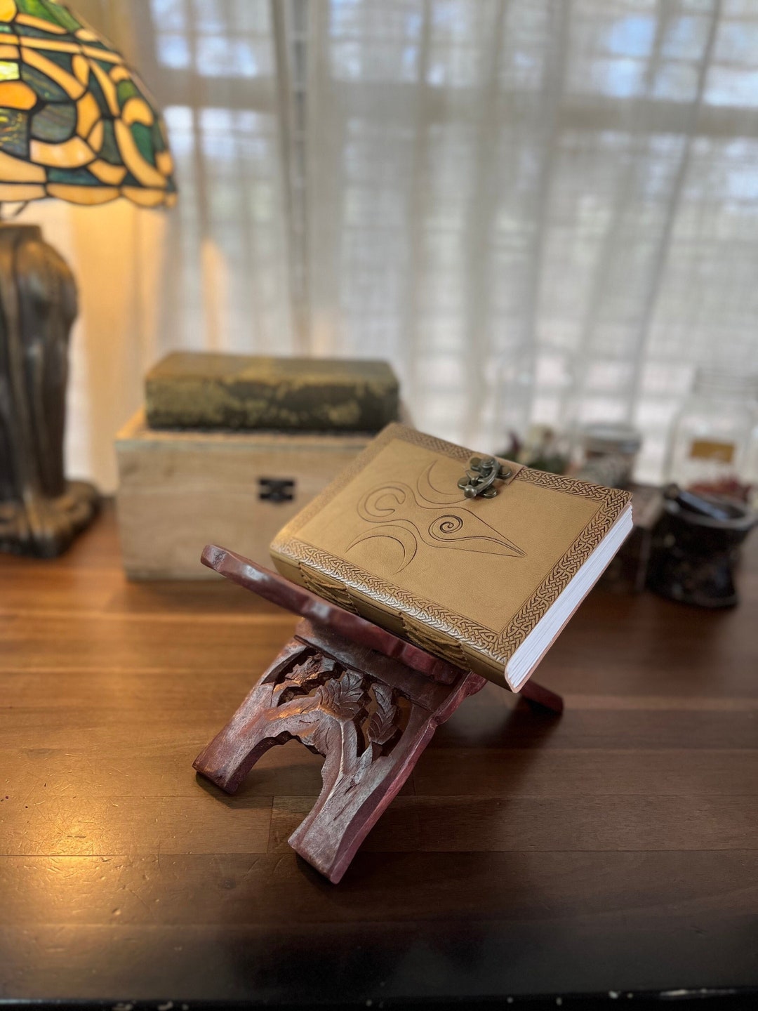 Journal Set Triple Moon Goddess Leather Journal & Wooden Book Stand Set ...