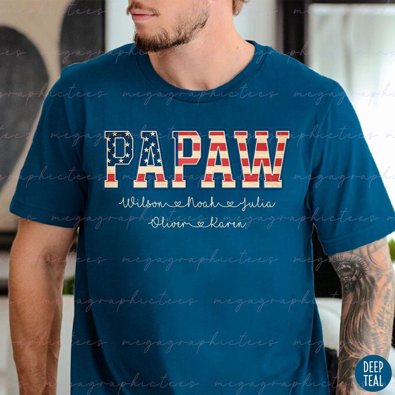Papaw Shirt With Kid Names, Personalized Patriotic Grandpa Shirt ...