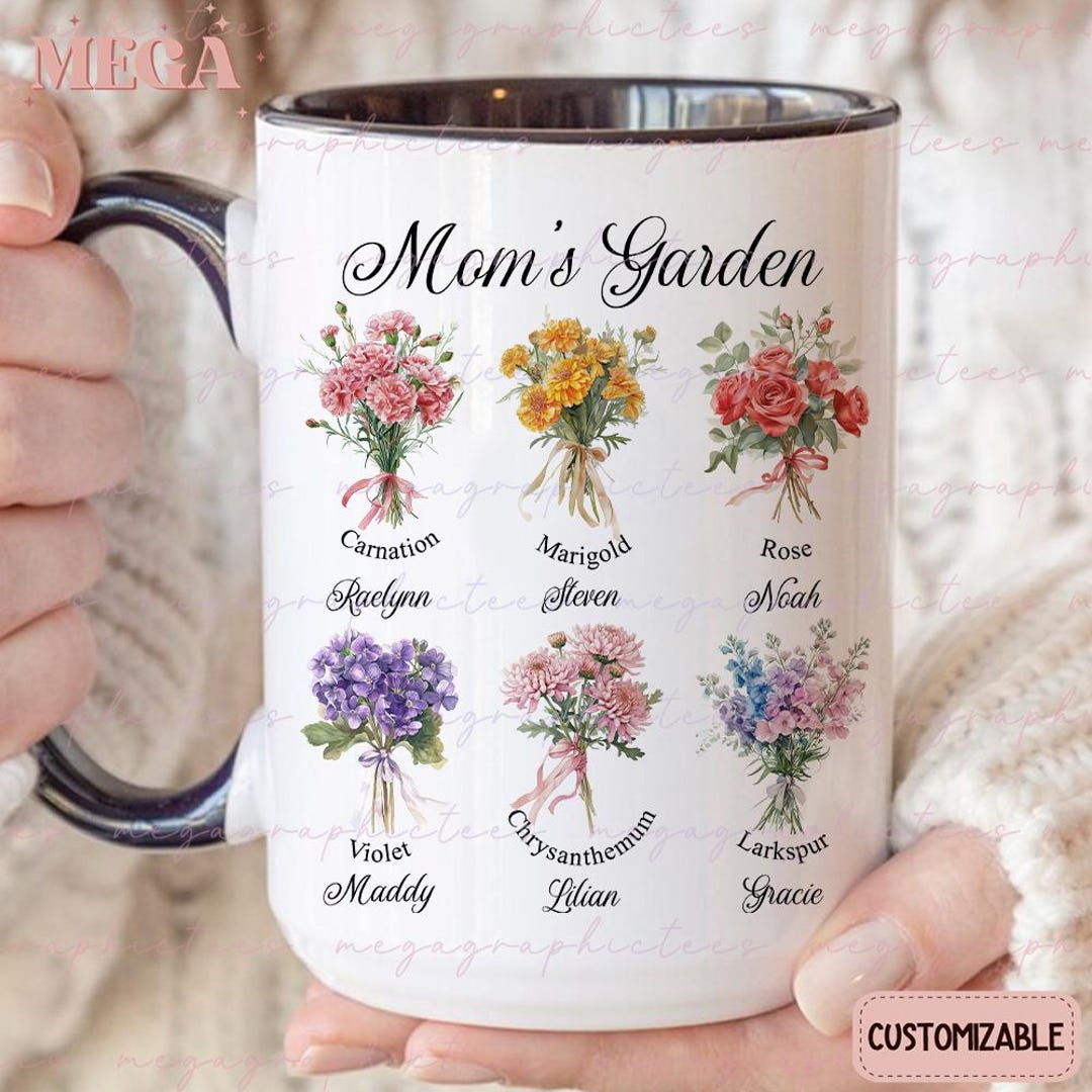Mom's Garden Birth Month Flower Mug, Personalized Mom Mug, Custom Birth ...