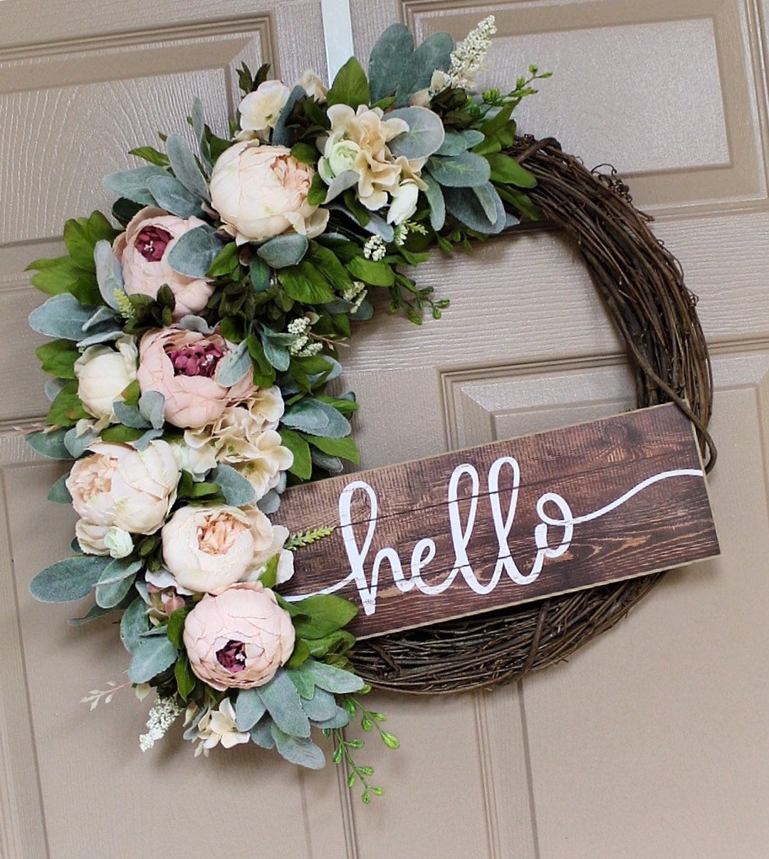 Front Door Wreaths, Spring Wreath, Hello Sign, Peony, Home Decor ...