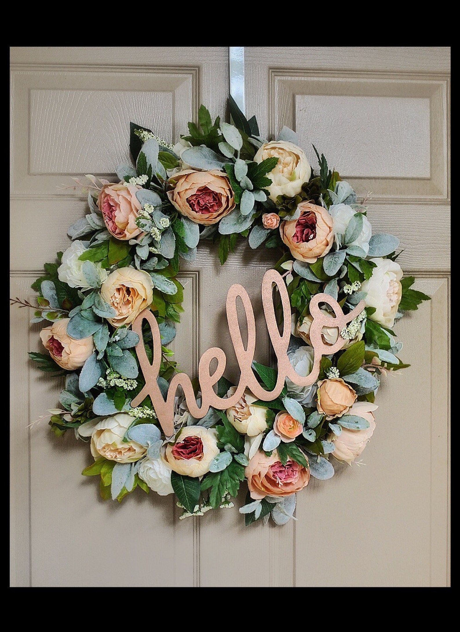 Hello Wreath Spring Wreaths for Front Door Peony Peonies | Etsy