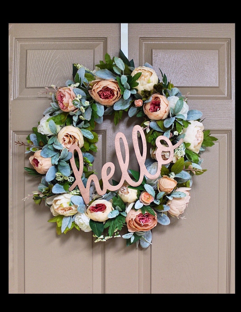 Hello Wreath Spring Wreaths for Front Door Peony Peonies - Etsy
