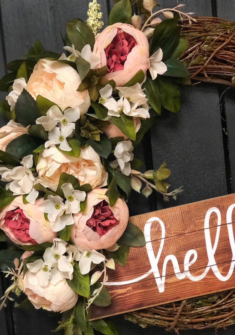 Spring Peony Wreath Wreaths for Front Door Hello Wreath | Etsy