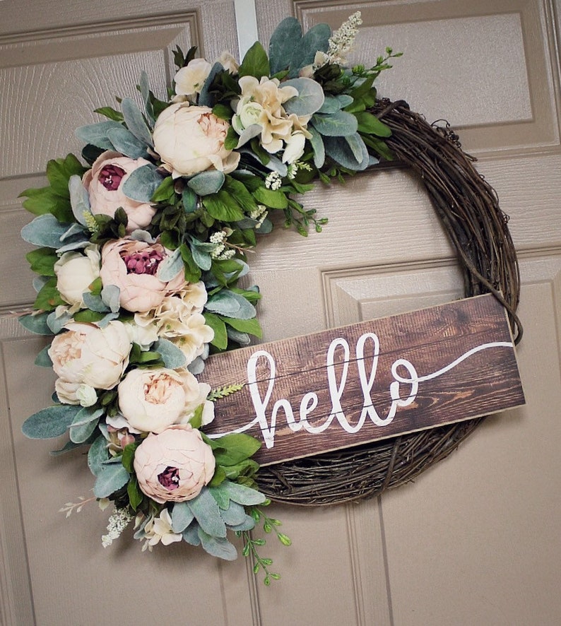 Hello Wreath Wreaths for Front Door Peony Peonies Lambs | Etsy