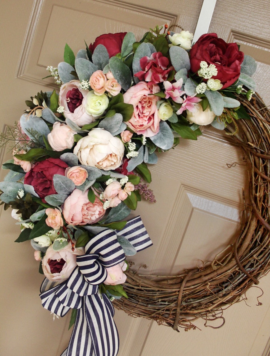 Spring Front Door Wreaths With Peony And Lambs Ear Pink And Etsy
