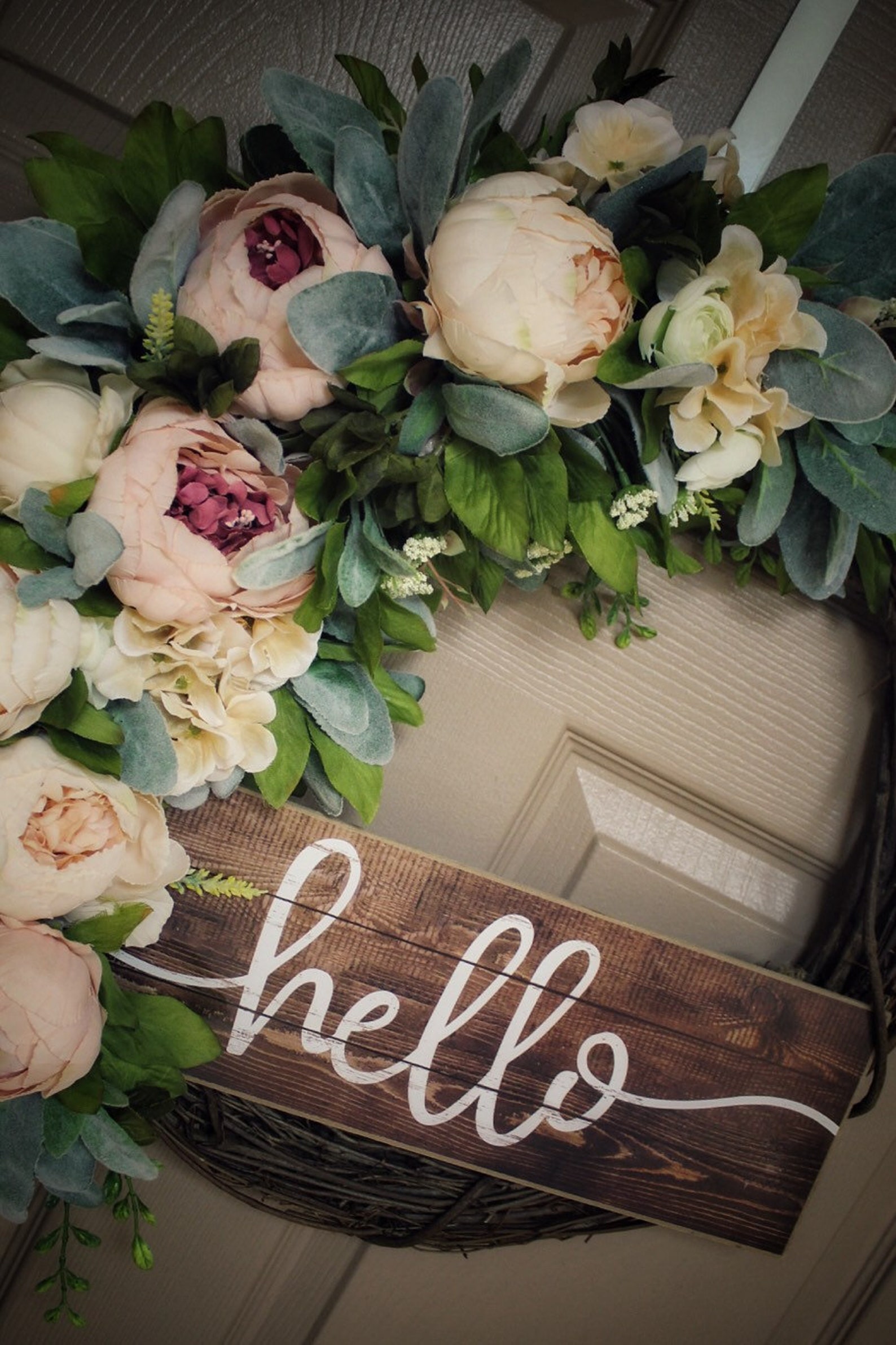Summer Wreaths for Front Door, Hello Sign, Peony Wreath, Peonies, Lambs ...