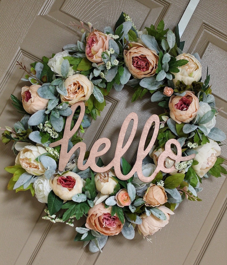Hello Wreath, Spring Wreaths for Front Door, Peony, Peonies, Lambs Ear ...
