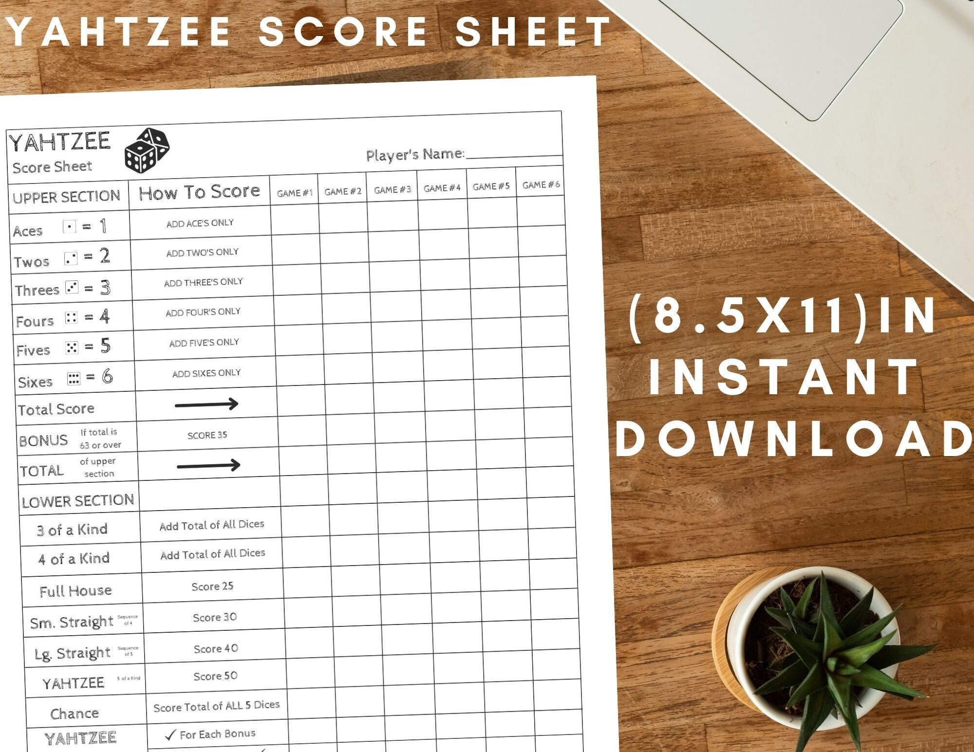 Yahtzee Score Card Print Ready File - Yahtzee Scoresheet - Yahtzee ...