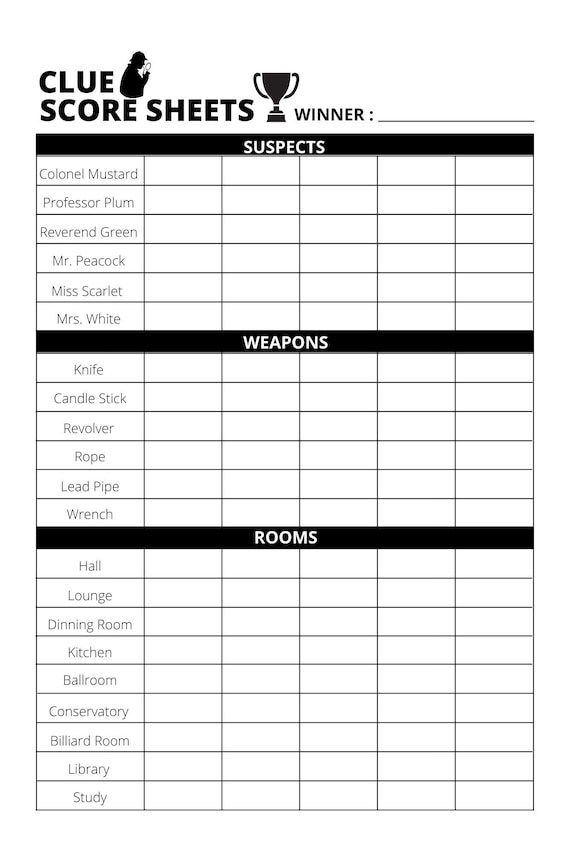 Clue Score Sheet Download print PDF File Etsy UK