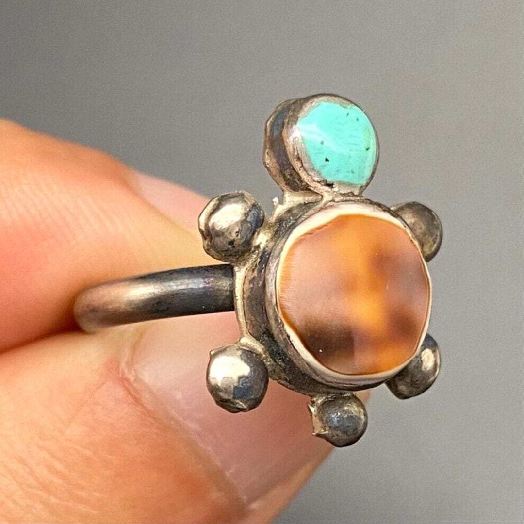 Vintage Zuni Native Turtle Turquoise Shell Inlay Silver Ring Size 5.75 ...