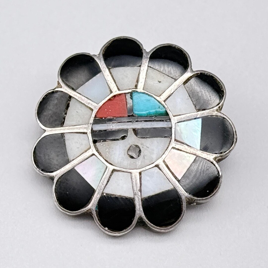 Petite Vintage Zuni Sun Face Kachina Turquoise Coral Silver Pin Brooch ...