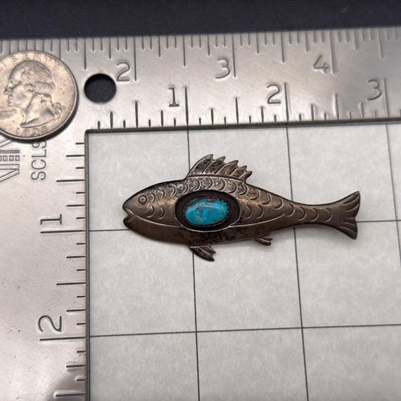 Vintage Navajo Native Fish Turquoise Stamp Work Silve… - Gem