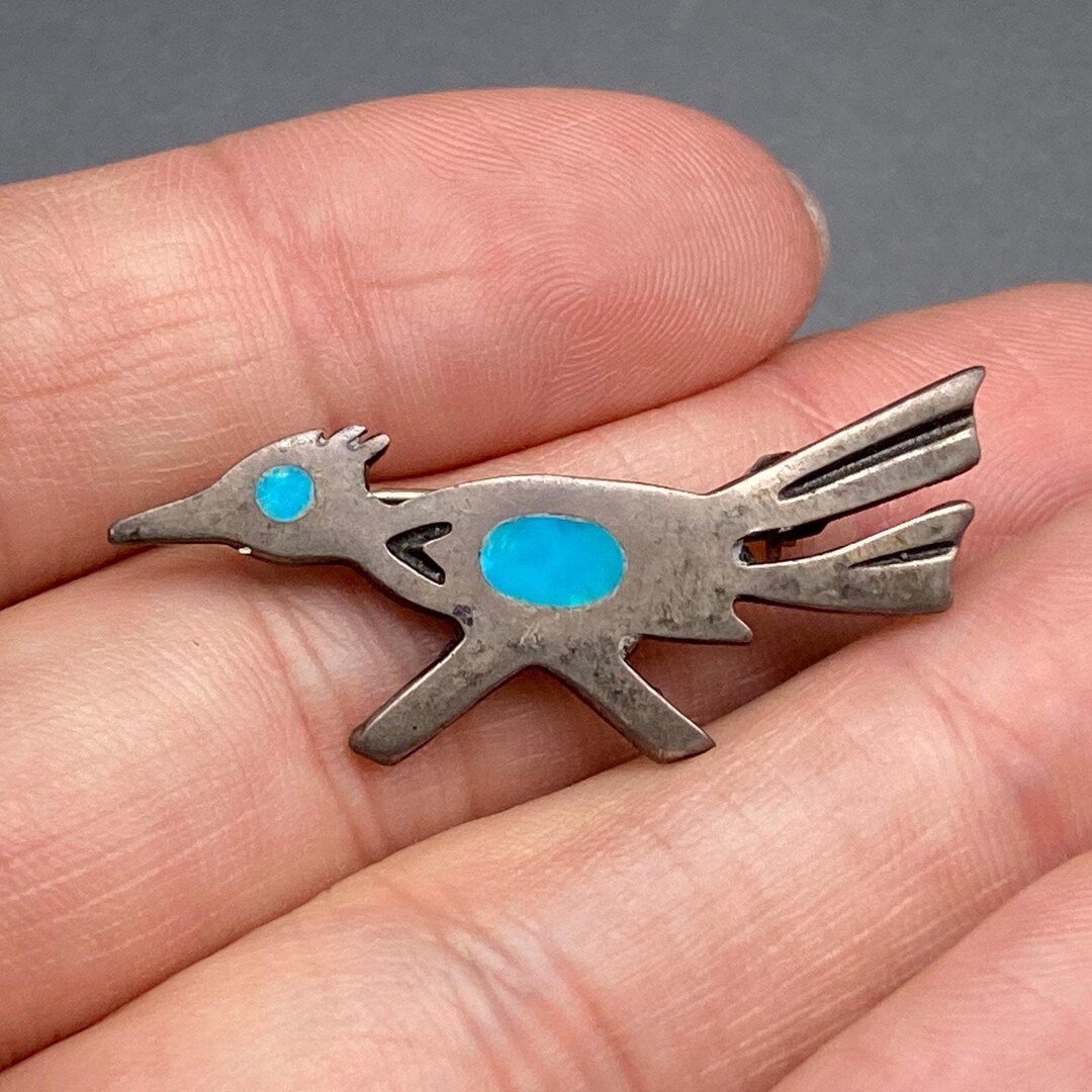 Petite Vintage Native Navajo Roadrunner Bird Turquoise Silver Brooch ...