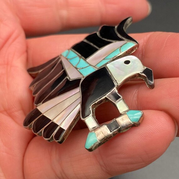 Vintage Zuni Native Eagle Bird Turquoise MOP Silver P… - Gem