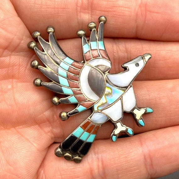 Vintage Zuni Native Dishta Eagle Turquoise Coral Inla… - Gem