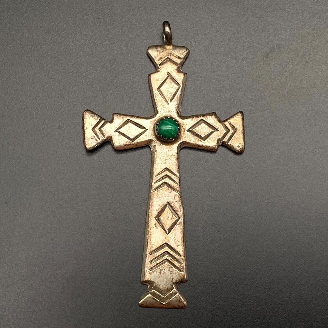 Vintage Southwestern Malachite Cross Sterling Silver Pendant - Etsy