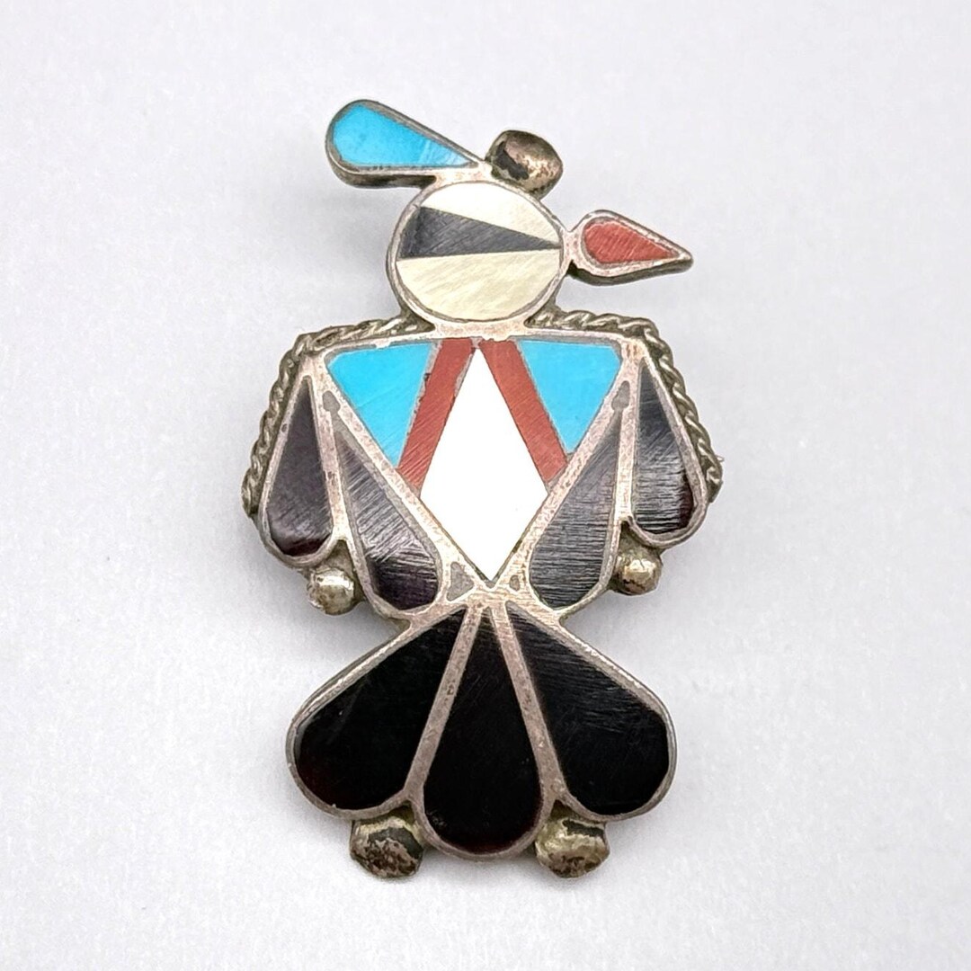 Petite Vintage Zuni Thunderbird Native Turquoise Coral Silver Pin ...