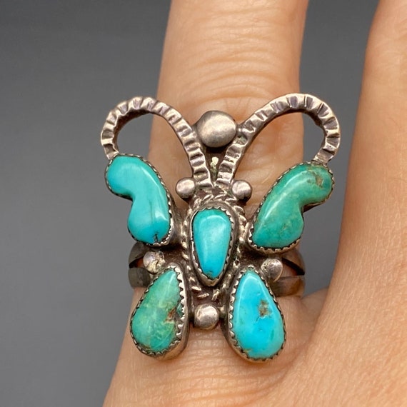 Vintage Navajo Native Butterfly Turquoise Silver Ring… - Gem