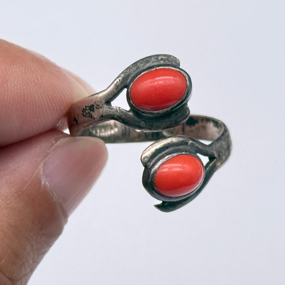 Vintage Coral Bypass Wrap Around Sterling Silver Ring Adjustable Size 8 ...