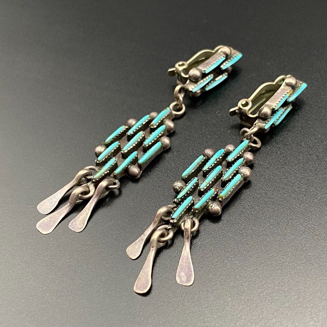 Vintage Zuni Turquoise Needlepoint Sterling Silver Clip on Dangle ...