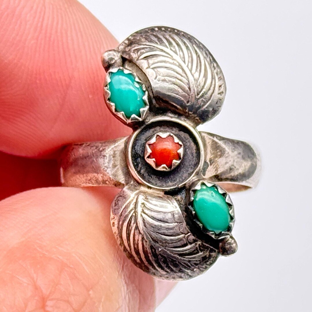 Vintage Zuni Native Turquoise Coral Leaf Motif Silver Ring Size 7 - Etsy