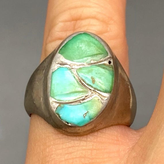 Vintage Zuni Native Turquoise Inlay Fish Scale Silver… - Gem