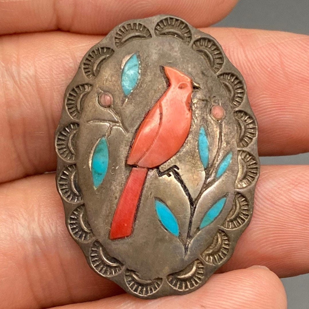 Vintage Zuni Cardinal Bird Turquoise Coral Silver Ring Size 5.25 ...