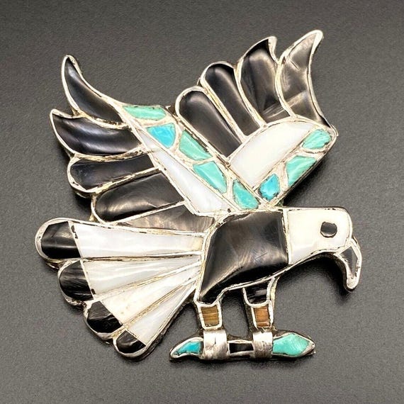 Vintage Zuni Native Eagle Turquoise MOP Inlay Silver … - Gem