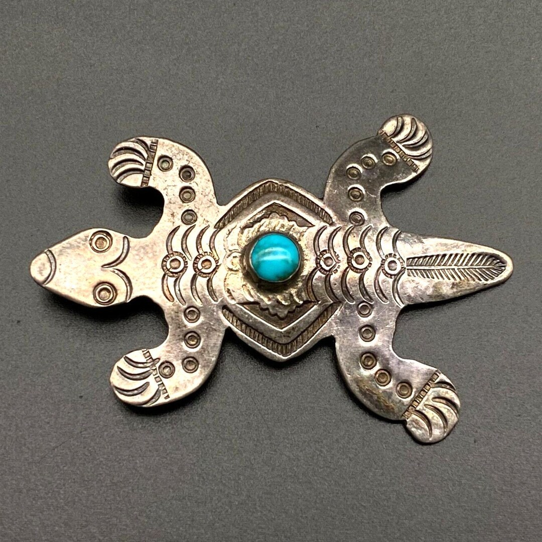 Vintage Navajo Native Lizard Turquoise Sterling Silver Hand Stampwork ...