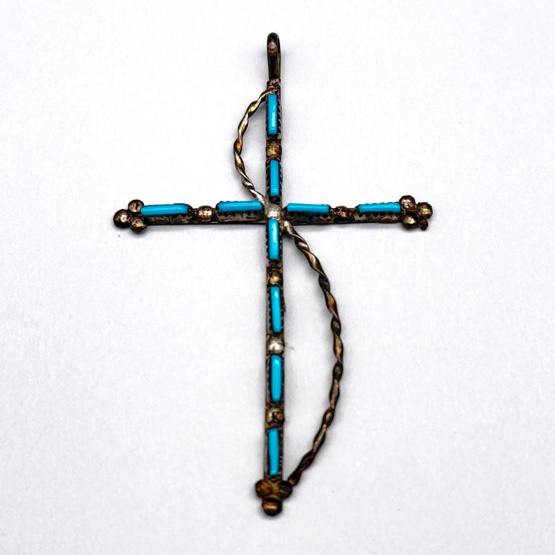 Vintage Zuni Native Cross Needlepoint Turquoise Silver Pendant - Etsy
