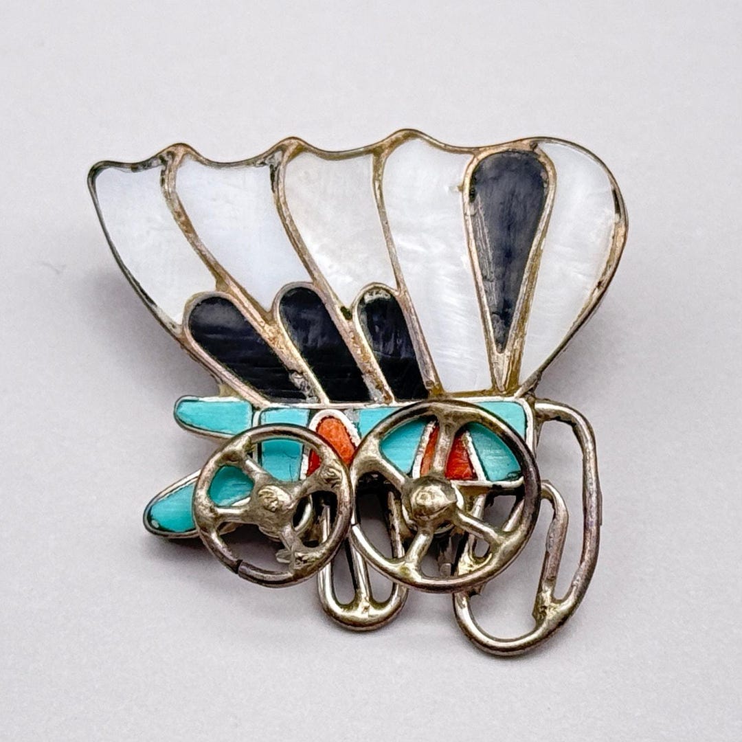 Vintage Zuni Native Wagon Turquoise Coral Silver Pin Brooch Pendant - Etsy