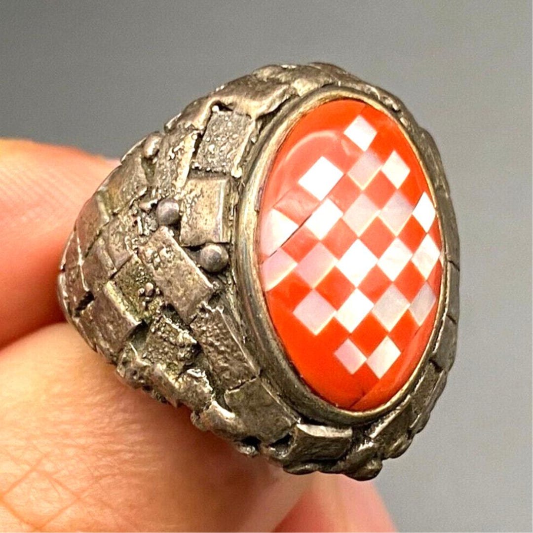 Vintage Brutalist Checker Coral MOP Inlay Silver Ring Size 8 - Etsy