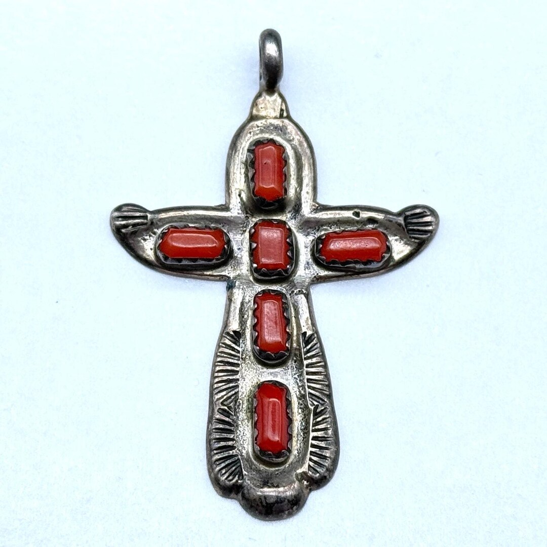Petite Vintage Zuni Native Cecilia IULE Cross Coral Silver Pendant - Etsy