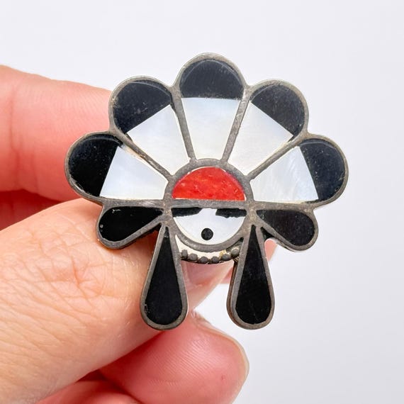 Vintage Zuni Native Sun Face Kachina Coral Inlay Silv… - Gem
